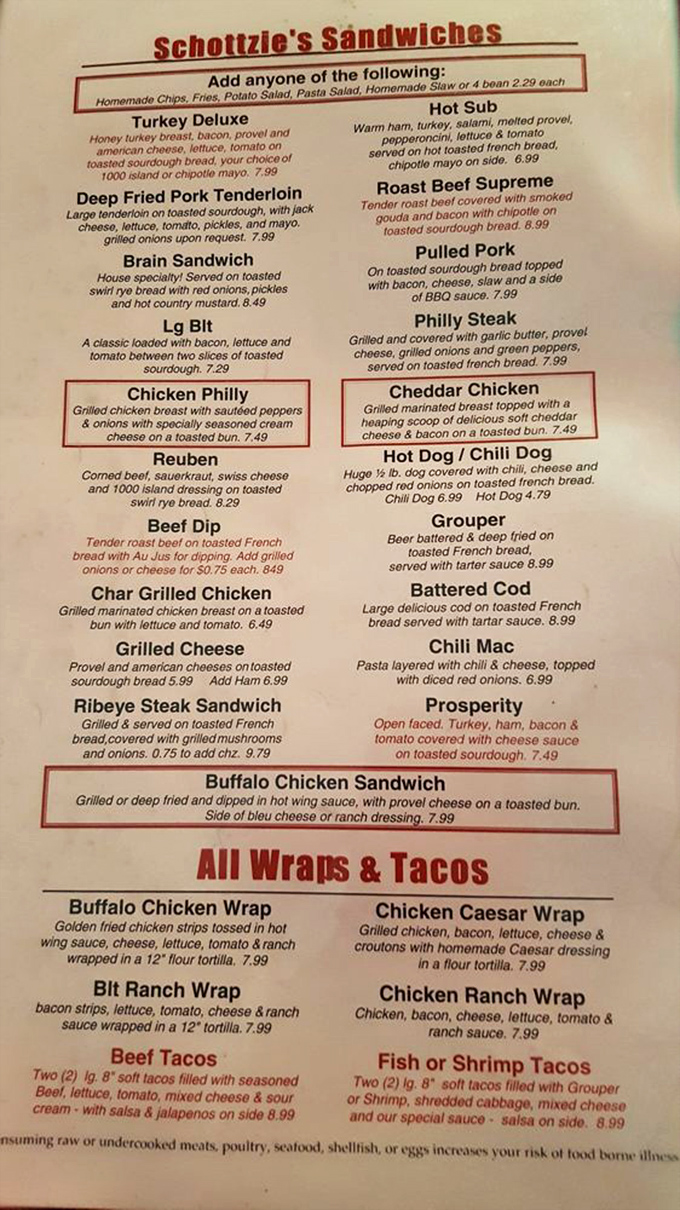 The menu reads like a love letter to Midwest comfort food. That brain sandwich isn't a typo&mdash;it's a dare wrapped in tradition.