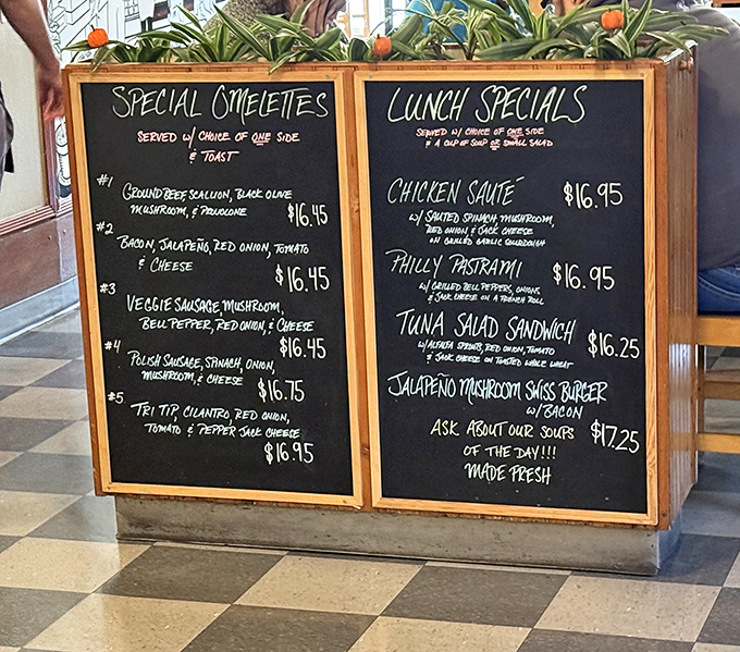 The chalkboard menu reads like a love letter to breakfast classics. Each option more tempting than the last, like a delicious Choose Your Own Adventure.