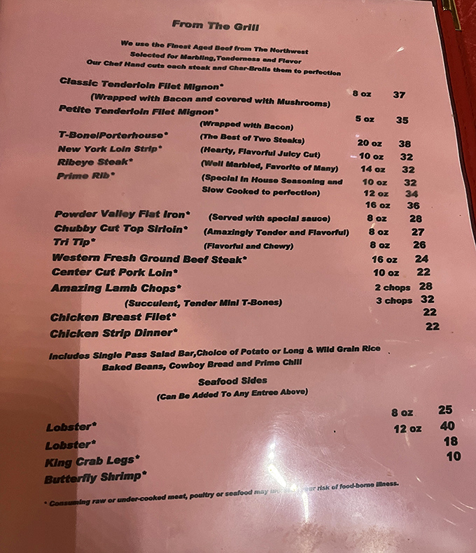 A menu that cuts right to the chase. No fancy food terminology here&mdash;just straightforward promises of perfectly prepared beef that'll make your taste buds stand at attention.