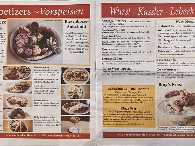 This menu isn't just a list&mdash;it's a treasure map to German culinary delights, from pretzels to wurst platters that would make any Bavarian proud.