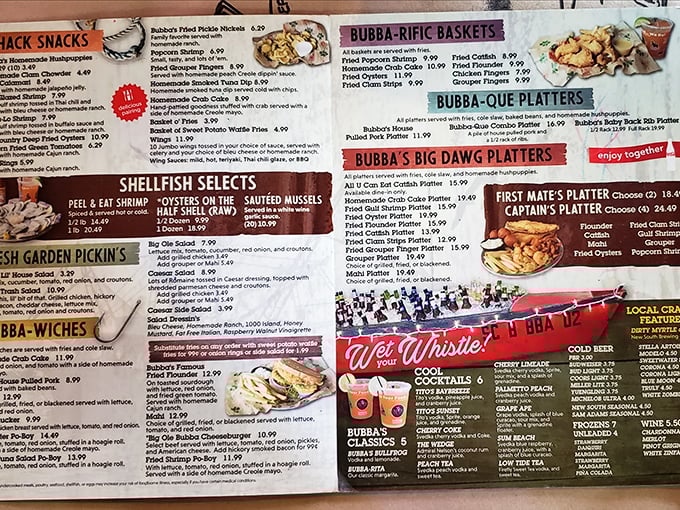 The menu reads like a love letter to the Atlantic, with "Bubba-rific Baskets" and "Shellfish Selects" tempting hungry beachgoers from breakfast till sunset.