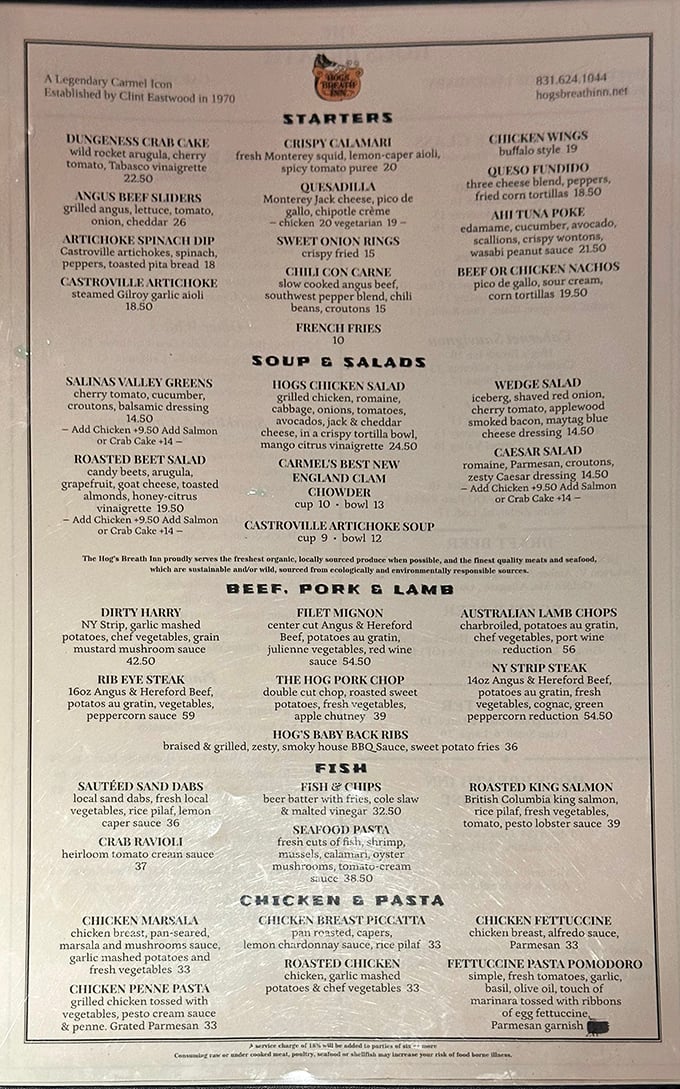 The menu reads like a love letter to carnivores, with that legendary rib eye steak commanding attention among a supporting cast of equally tempting options.