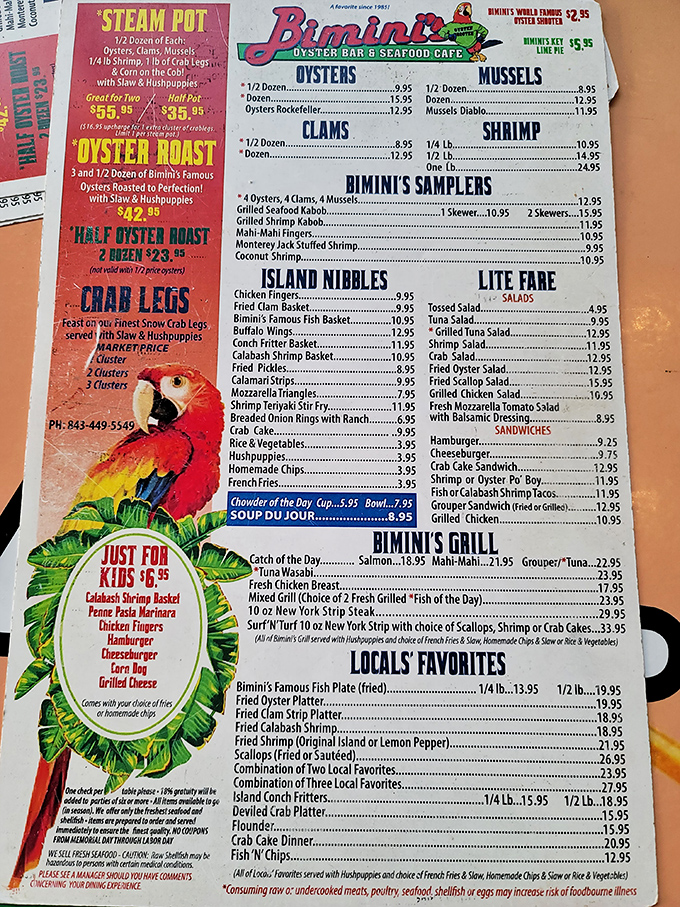 A menu that reads like poetry to seafood enthusiasts. The "Locals' Favorites" section is where the real treasures hide.