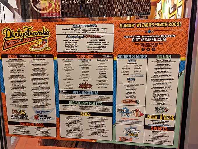 The menu board &ndash; a dizzying constellation of hot dog possibilities that might require a PhD in Frankfurterology to fully comprehend.