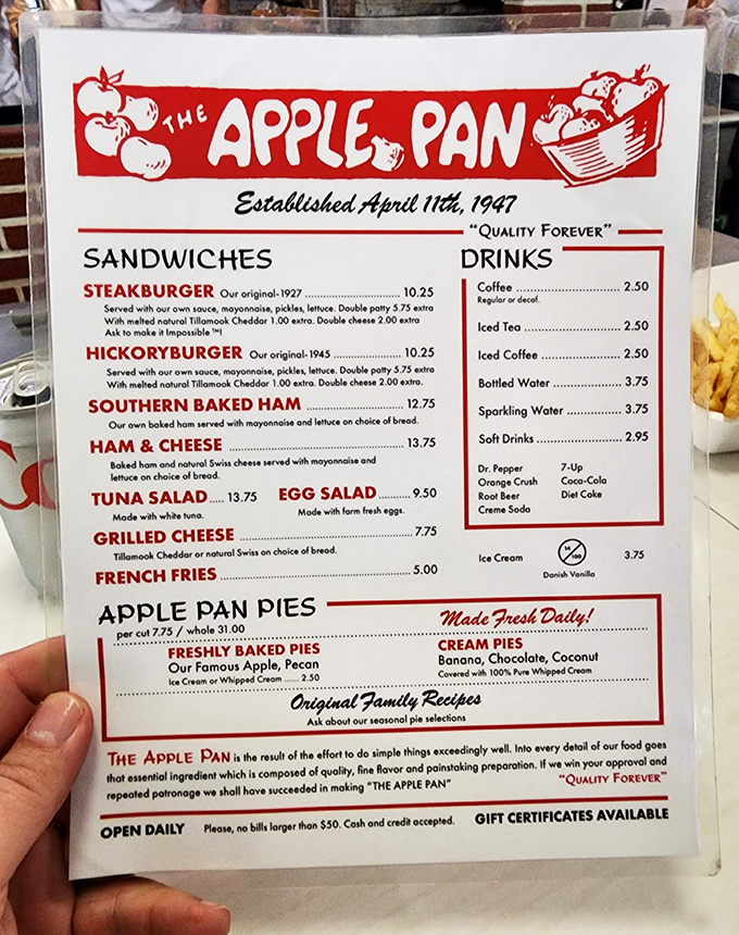 The menu at The Apple Pan is refreshingly straightforward &ndash; no foam, no "deconstructed" anything, just classic American fare that hasn't needed updating since your grandparents' first date.