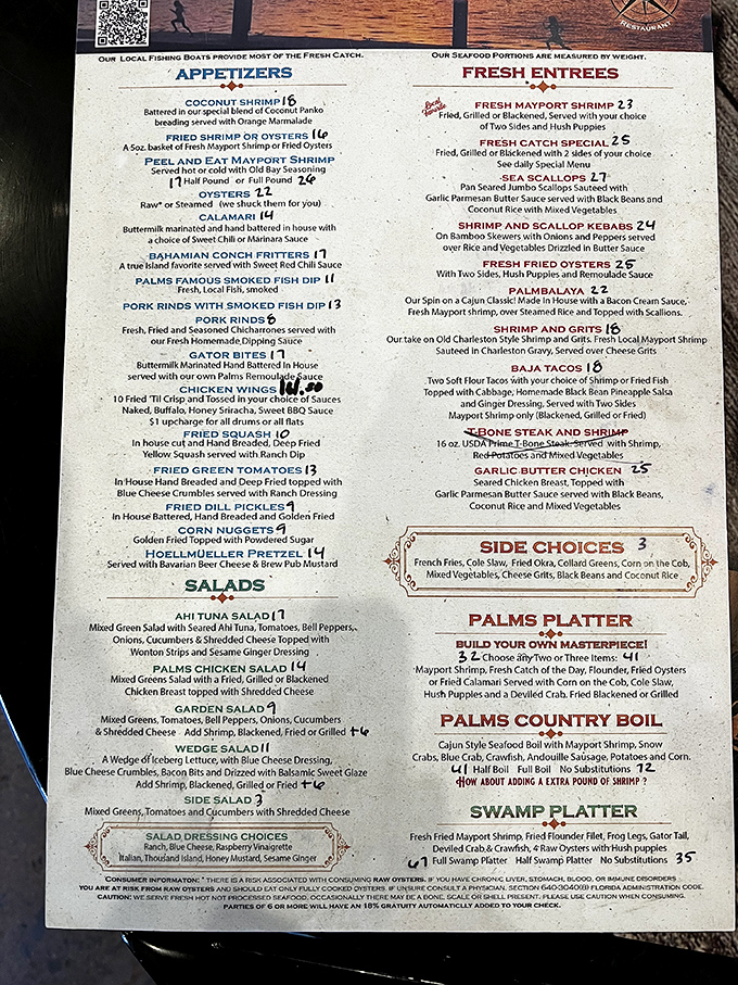 A menu that reads like a love letter to Florida's waters. The Swamp Platter alone is worth canceling your diet plans.