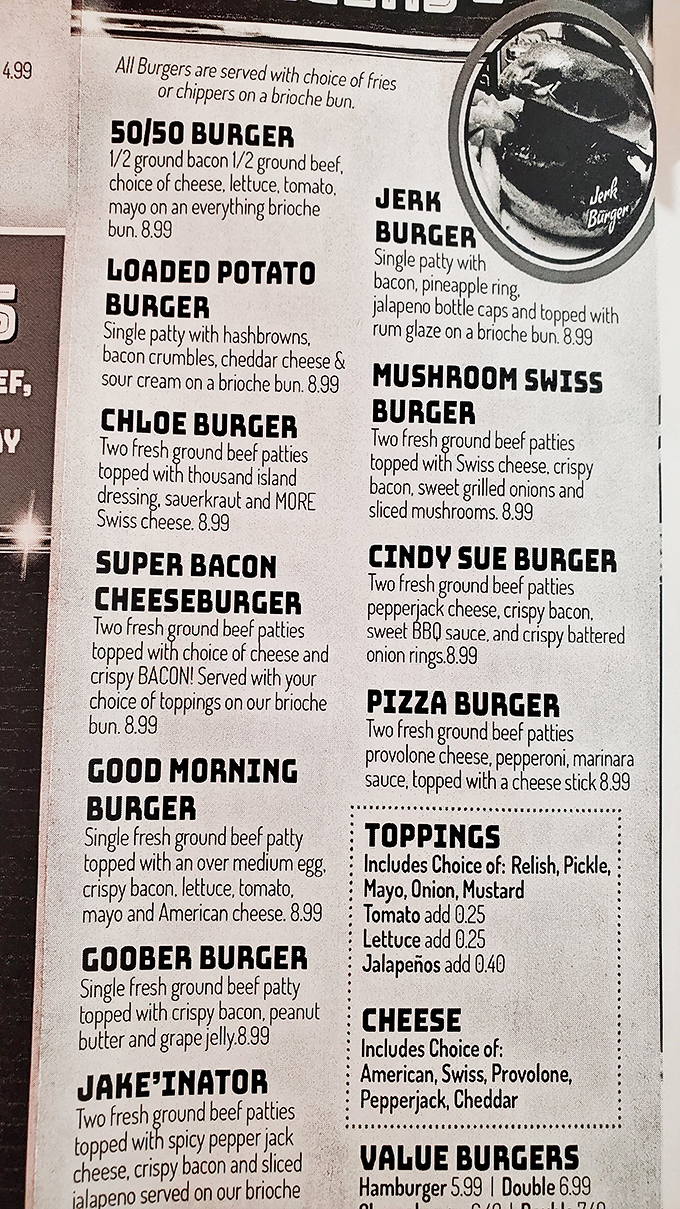 The burger menu reads like a beautiful novel where every character is delicious and the plot twists involve peanut butter and jelly.