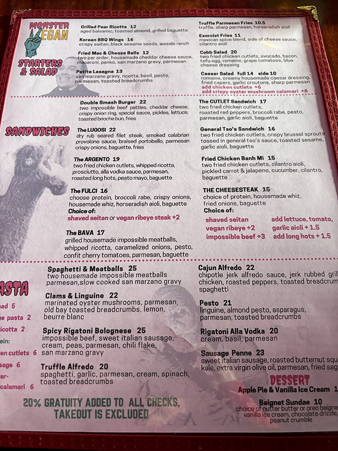 This menu reads like a love letter to comfort food classics, reimagined without a single animal product. Horror movie buffs will appreciate the cleverly named sandwiches.