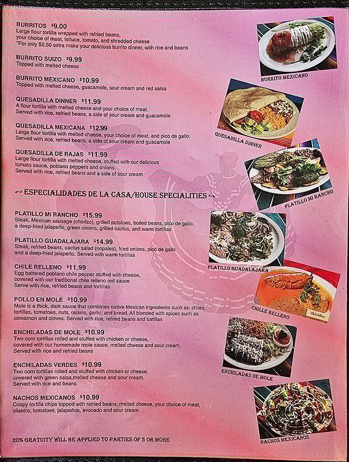 This menu isn't just a list &ndash; it's a roadmap to happiness. Each description promises a journey worth taking, especially that Platillo Guadalajara with its cactus salad.