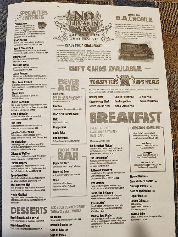 The menu reads like a love letter to comfort food. That "No Way Challenge" isn't just a dare&mdash;it's a gastronomic Everest waiting to be conquered.