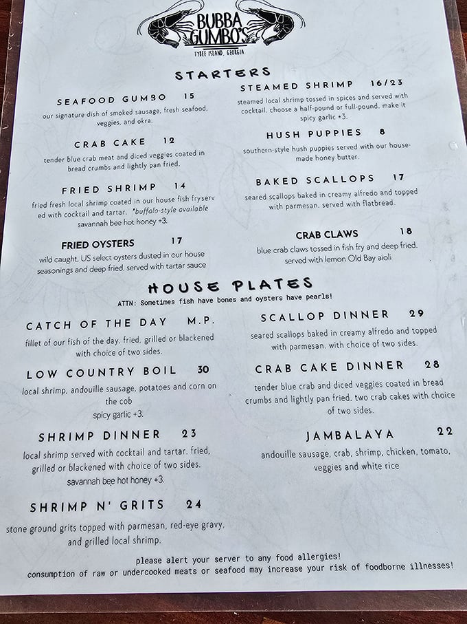 A menu that reads like coastal Georgia's greatest hits &ndash; where deciding between Seafood Gumbo and Shrimp n' Grits becomes life's most delicious dilemma.