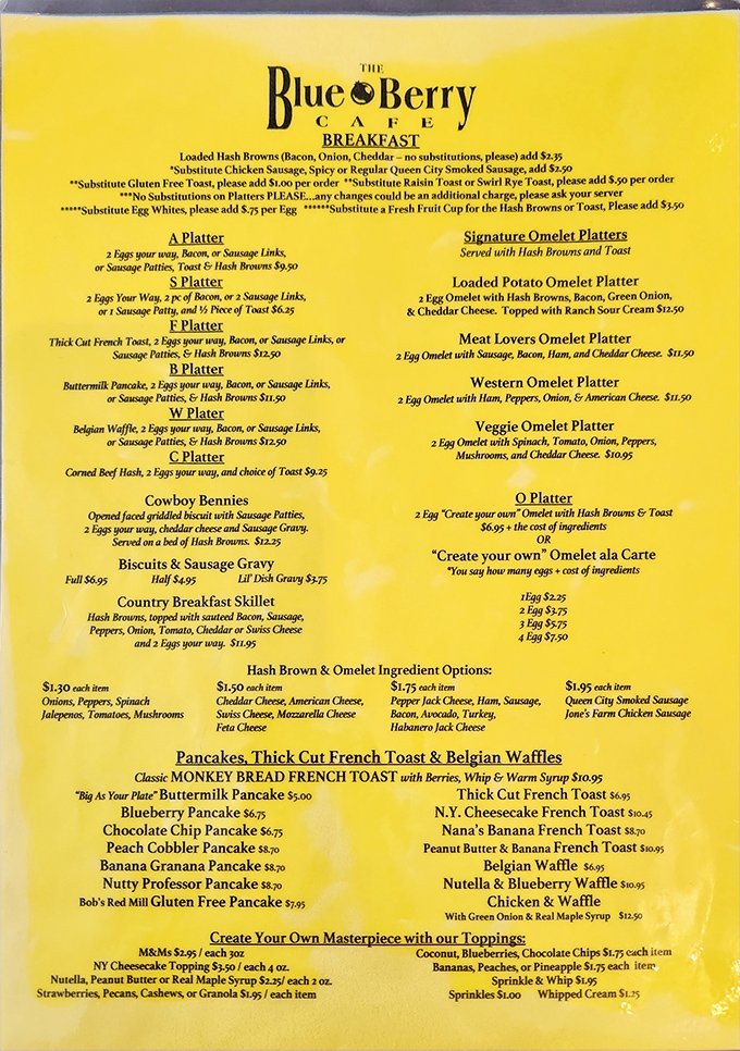 The legendary yellow menu - a treasure map where X marks the spot for breakfast bliss.
