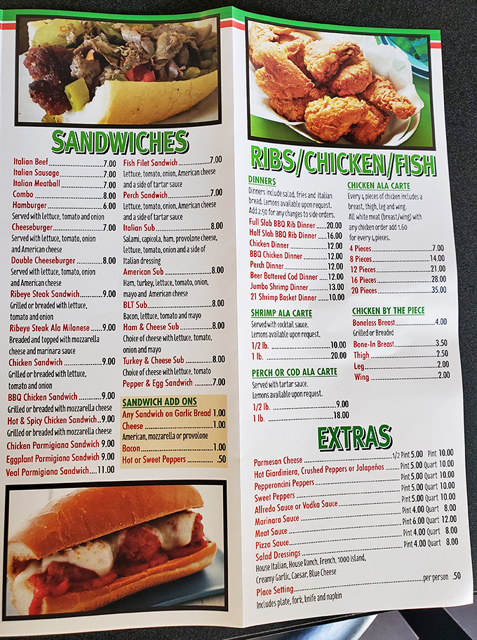 A menu that reads like a love letter to Italian-American classics. No QR codes here&mdash;just laminated pages of culinary possibilities.