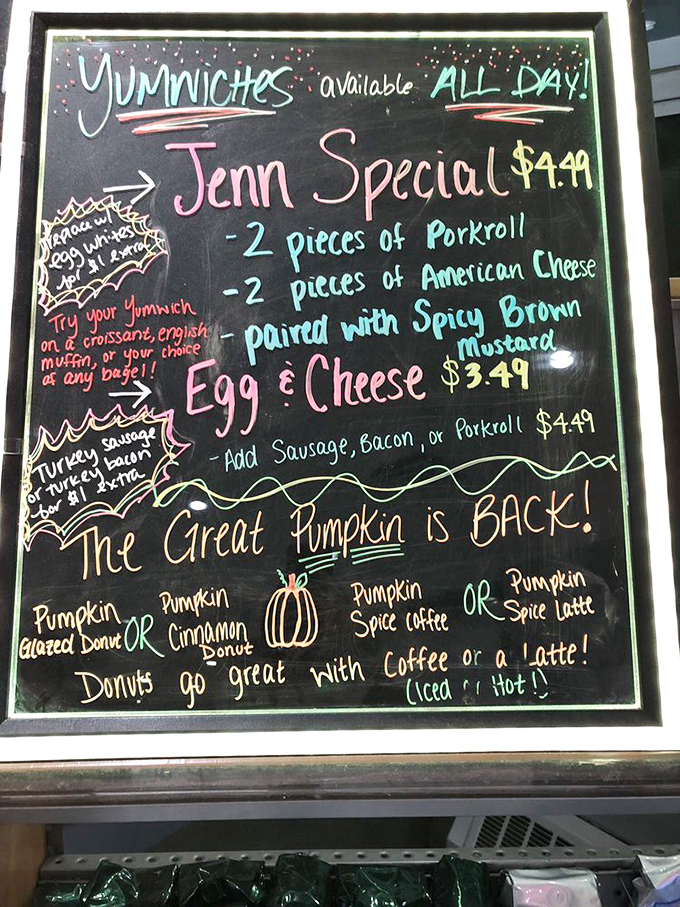 The chalkboard menu promises seasonal treasures. "The Great Pumpkin is BACK!" isn't just a Charlie Brown reference&mdash;it's cause for celebration among donut aficionados.