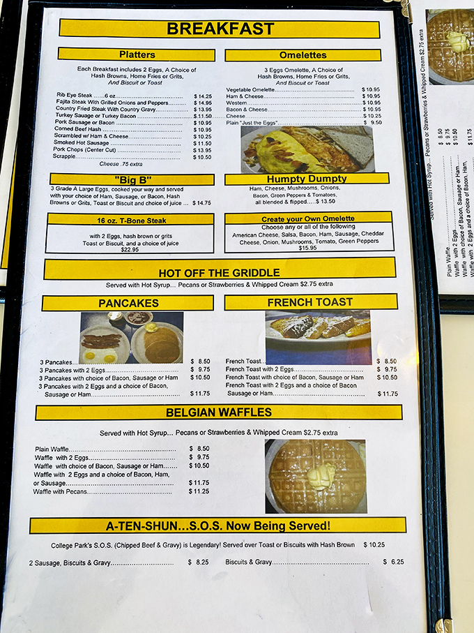 This menu isn't literature, it's a roadmap to happiness. The bright yellow headers guide you through breakfast paradise with reassuring clarity.