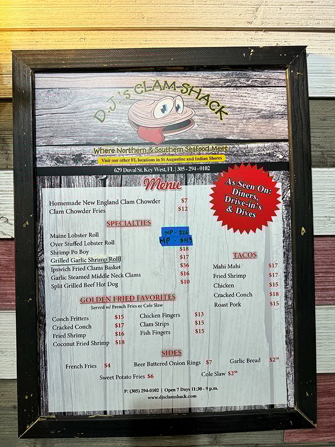 The menu reads like a love letter to seafood. Notice the "As Seen On" badge&mdash;fame hasn't changed the quality, thankfully.