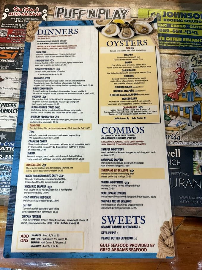 This menu isn't just a list&mdash;it's a treasure map where X marks the spot for everything from oysters Rockefeller to that whole fried flounder calling your name.