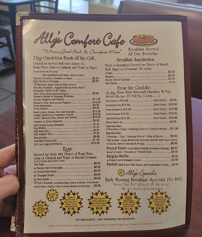 A menu that reads like comfort food poetry. Notice how the pancakes get their own special section&mdash;that's not an accident, folks. 