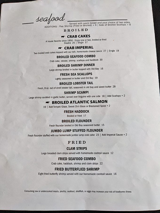 The seafood menu reads like a love letter to the ocean. Those crab cakes have been a house favorite since 1966 for good reason!