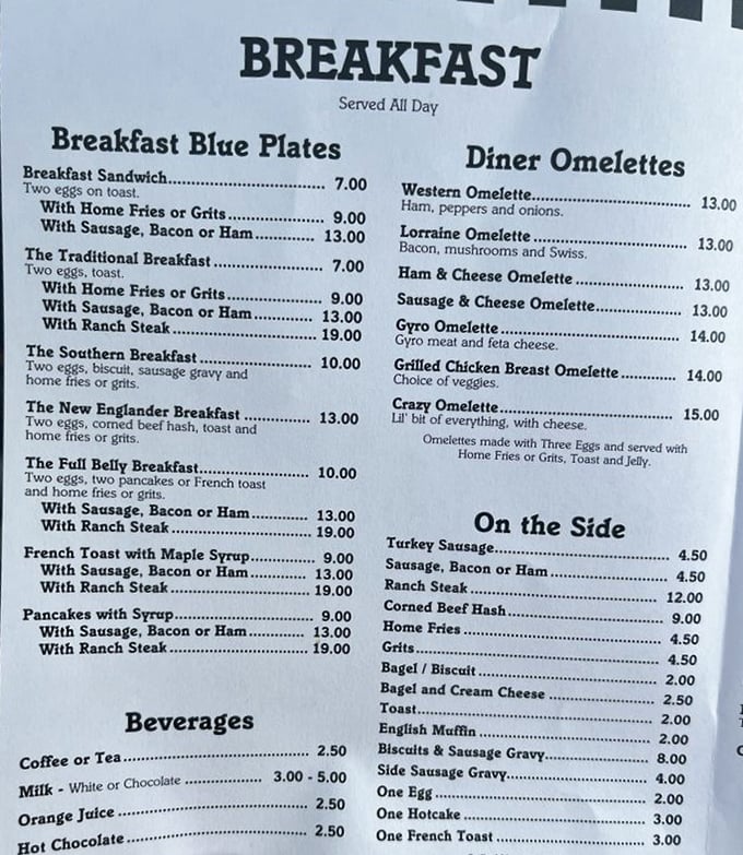 This menu reads like a love letter to breakfast classics. When they say "Crazy Omelette," they're not kidding—it's the kitchen sink approach to morning happiness.