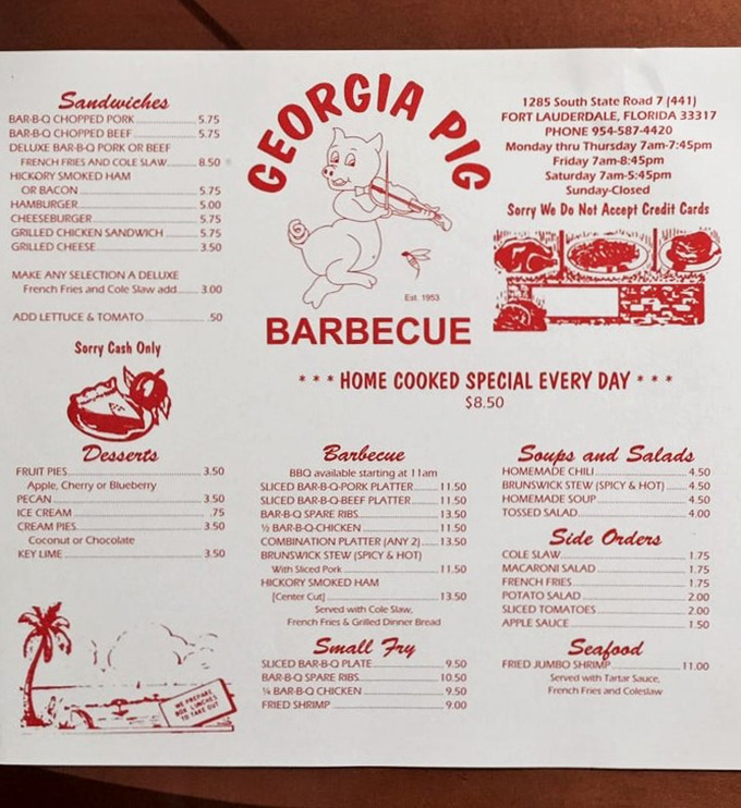A menu frozen in time, offering straightforward Southern comfort without pretense. The cartoon pig knows what you're here for.