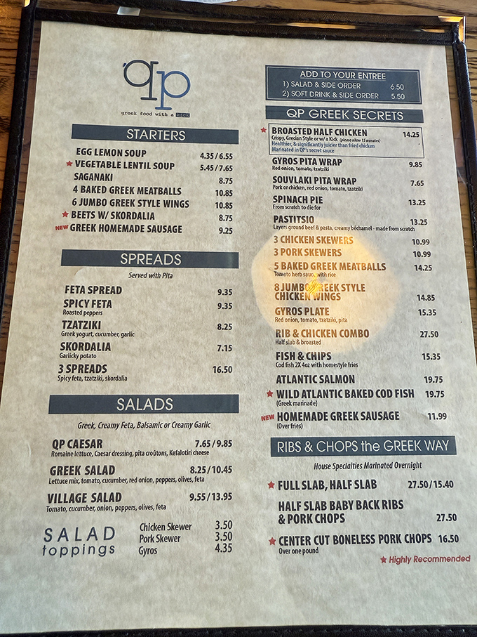 A menu that reads like a Greek grandmother's love letter to flavor. Those little red stars? They're basically the restaurant whispering "trust me on this one."