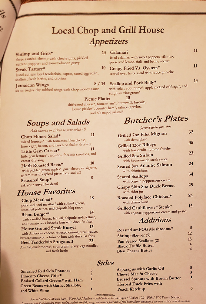 A menu that reads like a love letter to Virginia agriculture &ndash; notice those asterisks marking locally-sourced ingredients? That's commitment, not decoration.