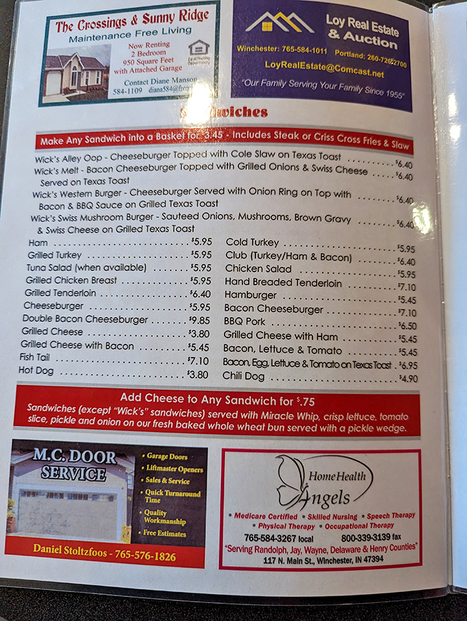 A menu that reads like comfort food poetry. The "Wick's Alley Oop" isn't just a sandwich &ndash; it's a culinary slam dunk.