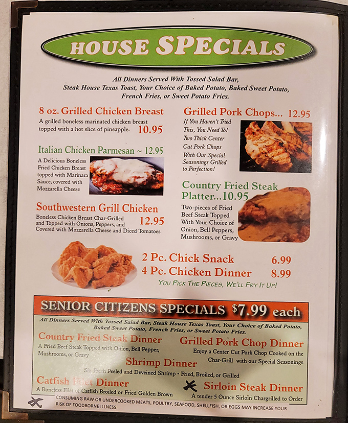 The menu reads like a love letter to comfort food classics. Those grilled pork chops aren't just recommended—they're practically mandatory.