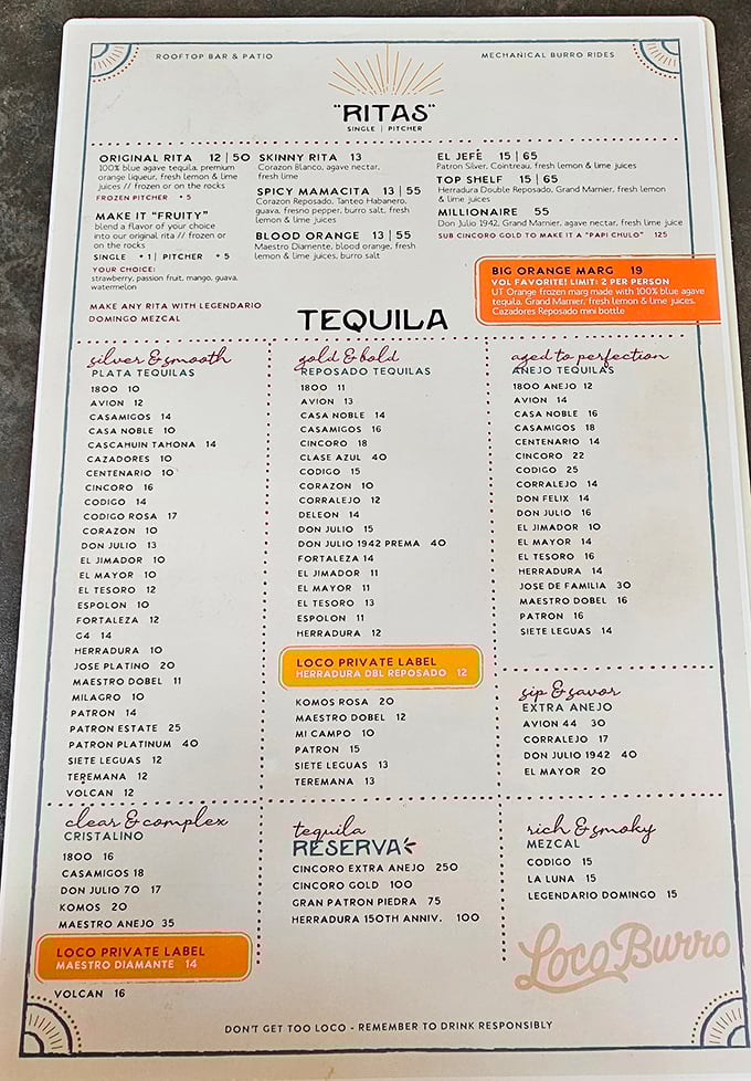 The tequila menu reads like a love letter to agave, offering everything from casual flings to long-term relationships with premium spirits.
