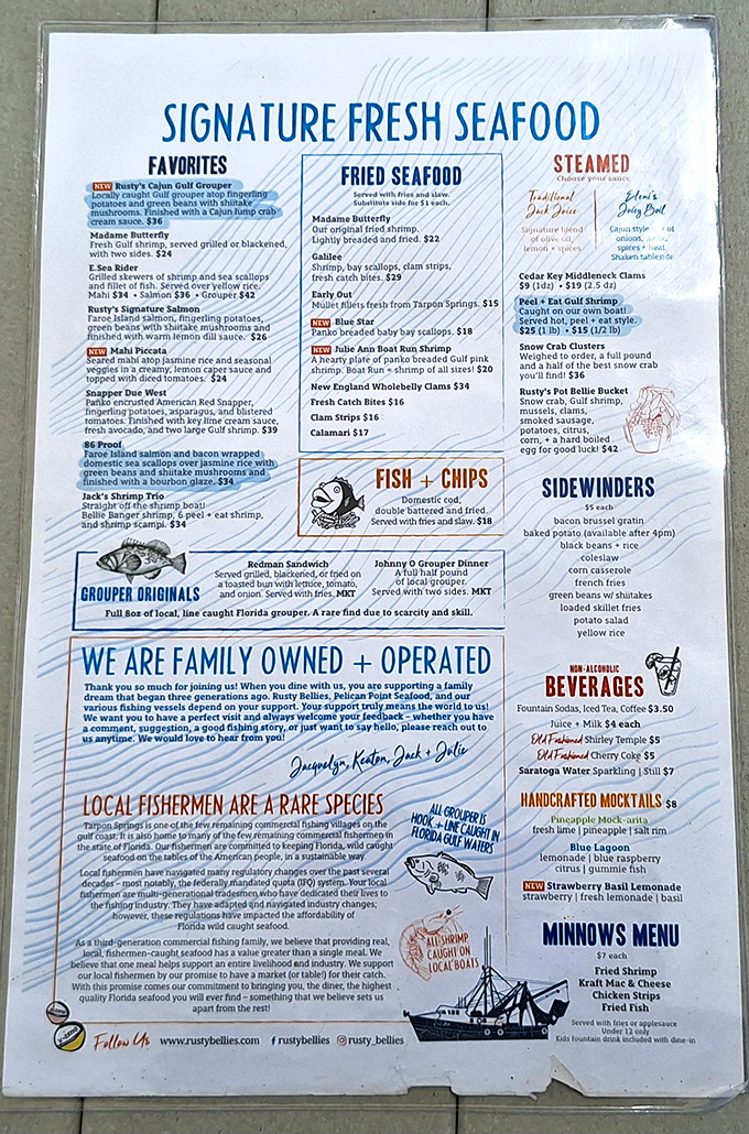A menu that reads like love letters to the sea. The "family owned + operated" line at the bottom isn't marketing&mdash;it's the secret ingredient.