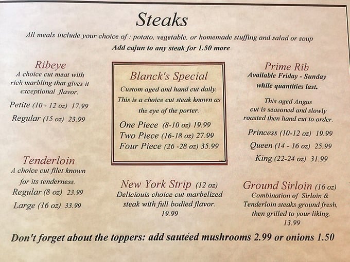 The steaks menu reads like poetry to carnivores, with the weekend prime rib stealing the spotlight while quantities last.