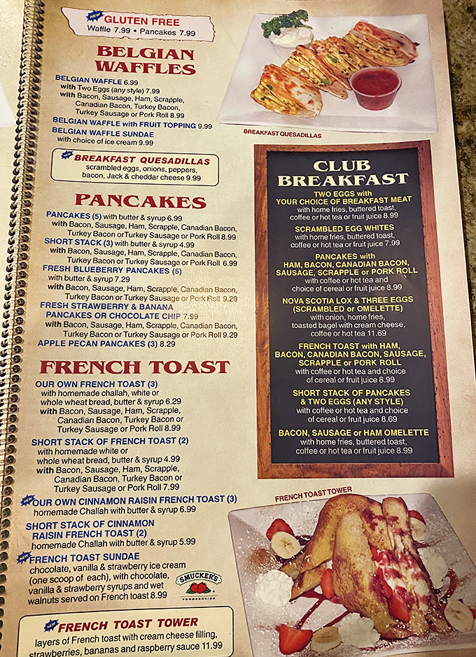 This menu isn't just reading material &ndash; it's a roadmap to happiness. The Belgian waffle section alone deserves its own ZIP code. 