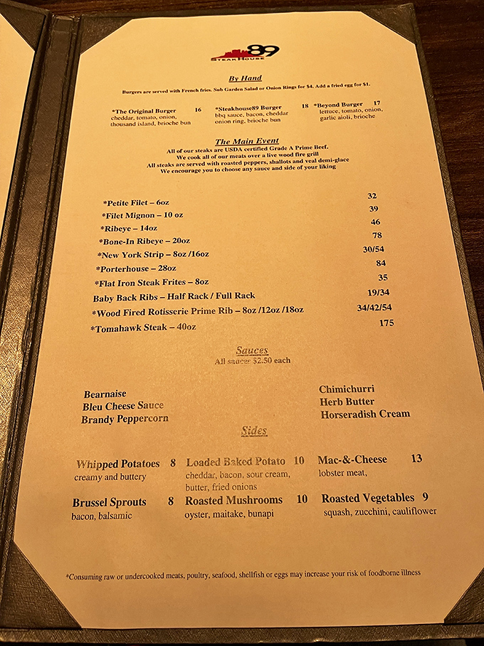 This menu reads like a love letter to beef, with prime rib stealing hearts at multiple sizes.