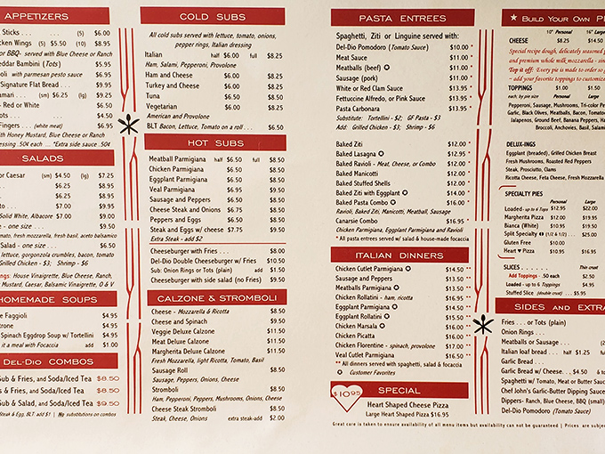 A menu that reads like an Italian-American love letter. Each red-bordered section promises another delicious chapter in your meal's story.