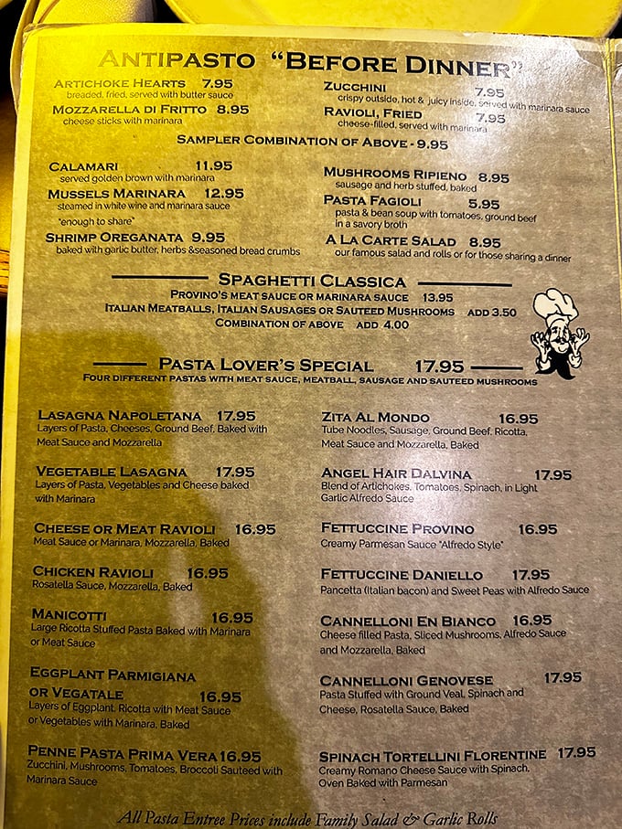 The menu reads like a love letter to Italian-American cuisine, with each dish promising comfort in carbohydrate form.