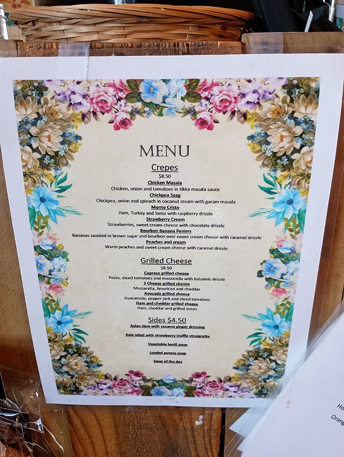 A menu bordered with flowers that's almost as pretty as the food itself. From crepes to grilled cheese, it's like someone read your comfort food diary and made it fancy.
