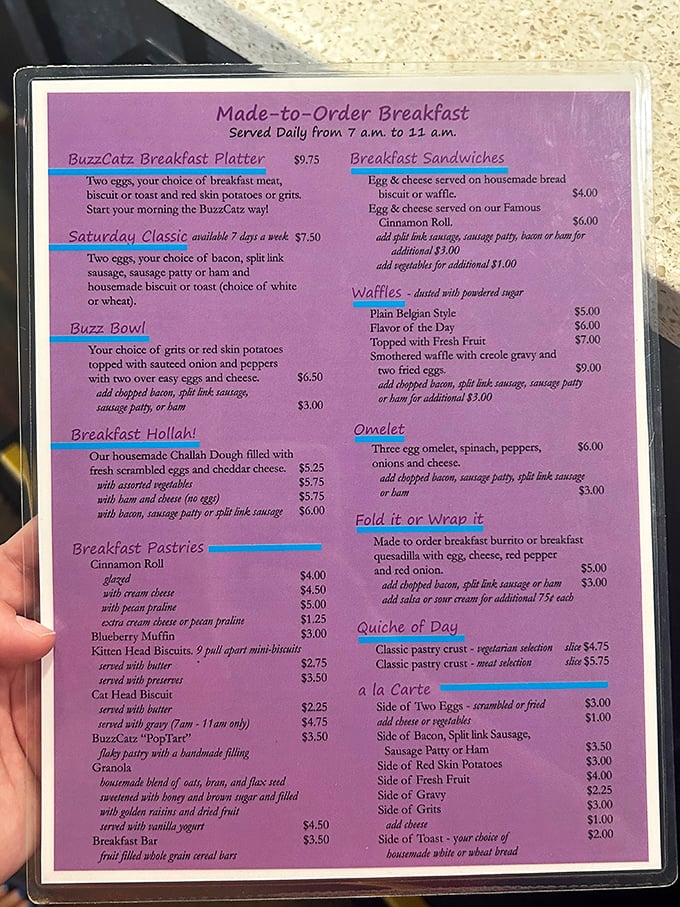 A menu that reads like a love letter to breakfast enthusiasts. The "Kitten Head Biscuits" alone are worth the trip.