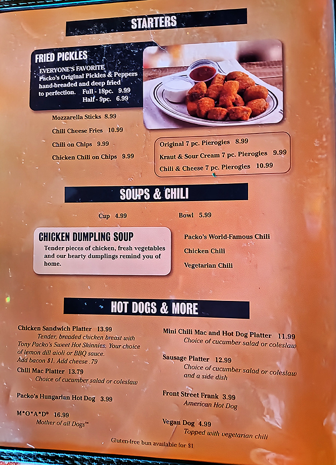 A menu that reads like a love letter to Hungarian-American comfort food. Those fried pickles aren't just appetizers&mdash;they're an institution!