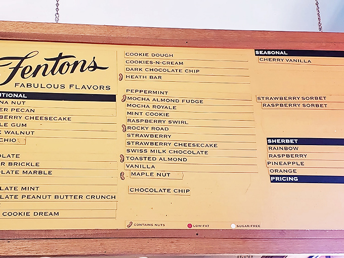 The flavor board at Fentons reads like a fantasy novel where every character is delicious. Choose your adventure wisely!