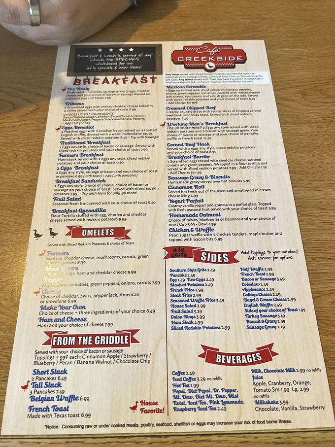 This menu isn't just a list of options&mdash;it's a roadmap to breakfast nirvana, offering everything from cloud-like pancakes to farm-fresh egg creations.