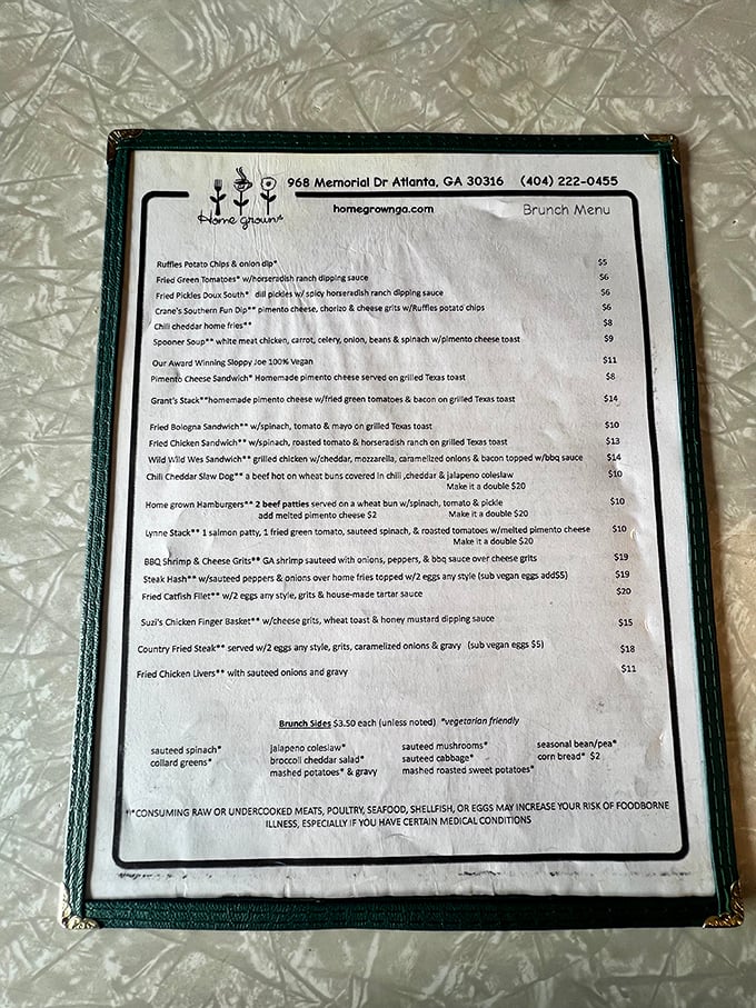 A menu that reads like a love letter to Southern breakfast traditions. No need for fancy descriptions when the food speaks this eloquently for itself.