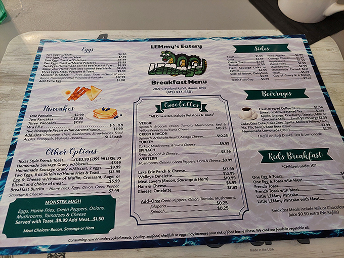 The breakfast bible of Huron. This menu isn't just listing food options—it's offering life choices that will shape your entire day.