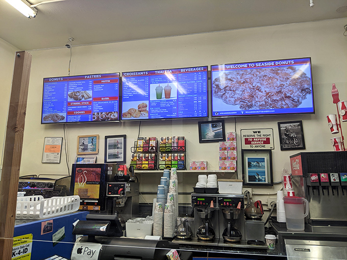The menu board at Seaside is like a treasure map where X marks every delicious spot. No need for fancy descriptions when the goods speak for themselves.