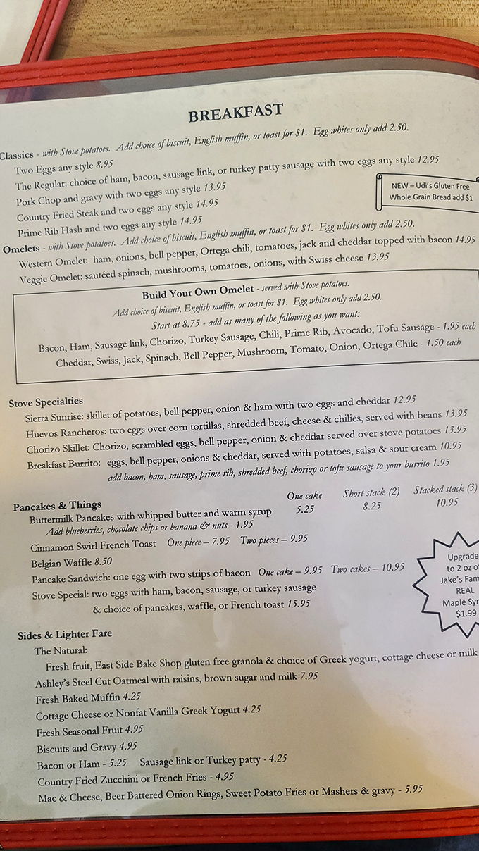 A menu that reads like poetry to hungry hikers. Each breakfast option at The Stove is a mountain-sized promise of satisfaction.