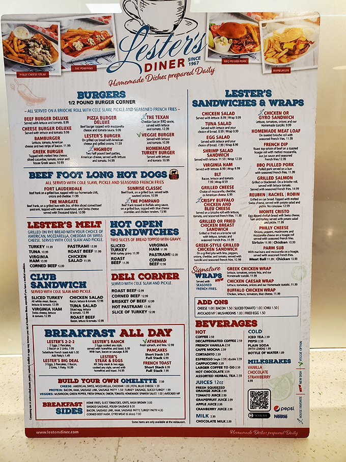 This menu isn't just extensive&mdash;it's a novel of comfort food possibilities. The "Breakfast All Day" section alone could solve most of life's problems.