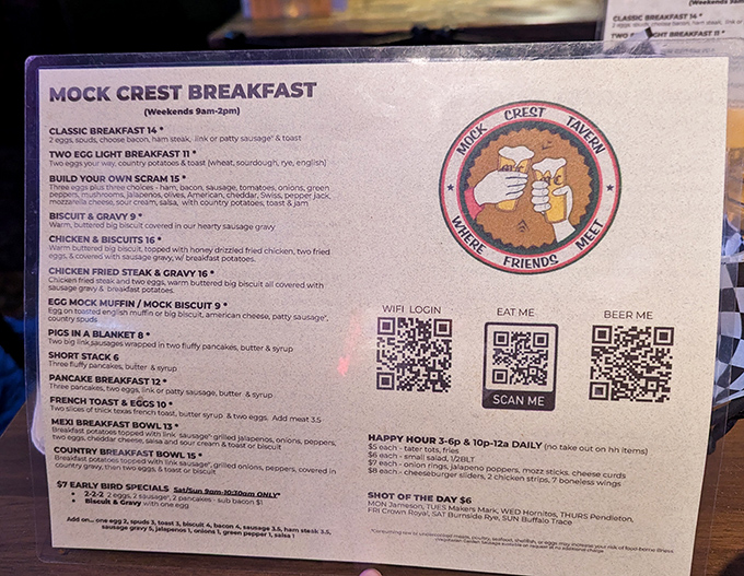 The breakfast menu reads like a love letter to morning classics, with everything from biscuits and gravy to French toast that'll make your day.