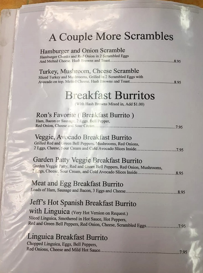 Breakfast burritos that could fuel a lumberjack. The menu reads like a love letter to morning indulgence, with Ron's Favorite calling my name.