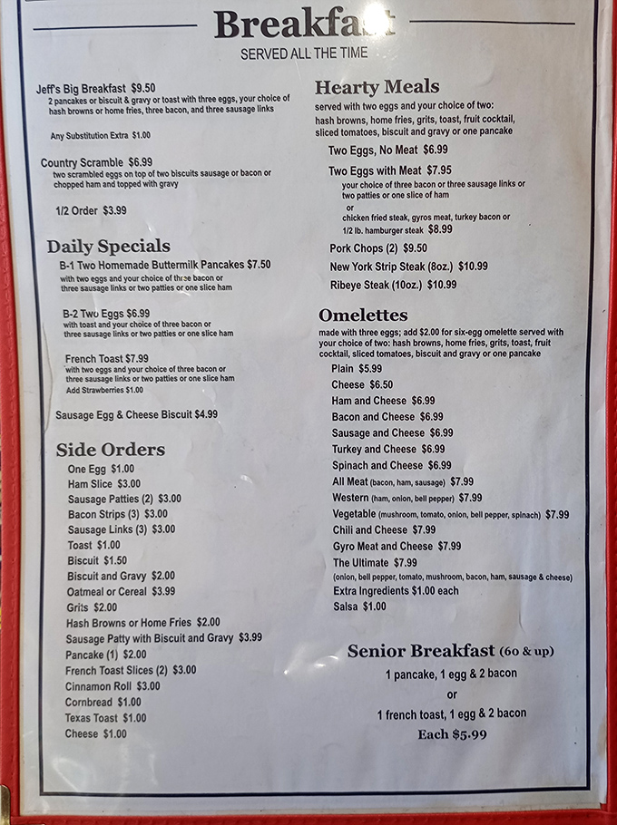 This menu isn't just a list of food—it's a declaration that breakfast deserves respect, served all day because some mornings don't start until noon.