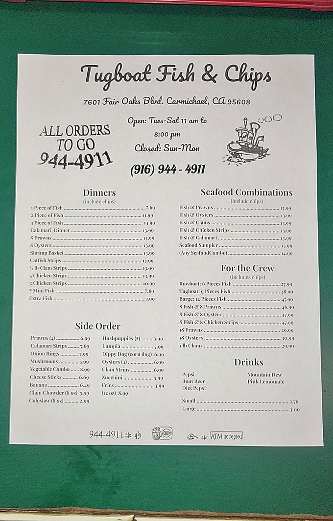 The menu reads like a maritime treasure map, with options from simple fish dinners to the mighty "Barge" that could feed a small fishing crew.